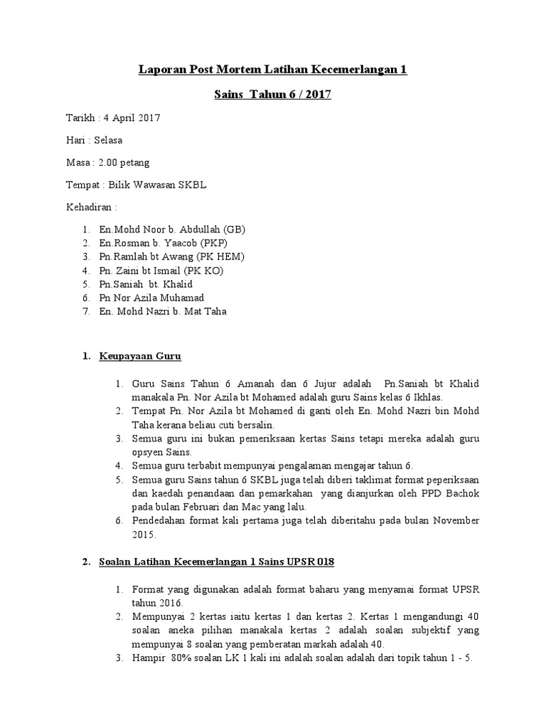 Laporan Post Mortem LK 1 2017 THN 6 | PDF