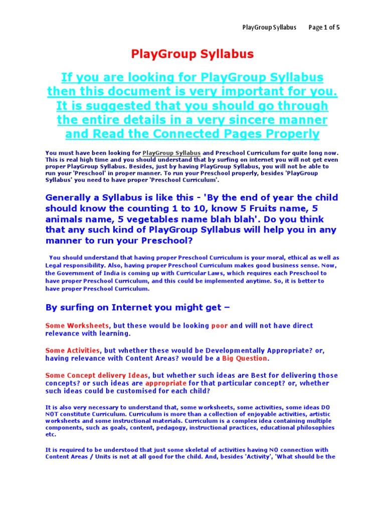 Play Group Syllabus | PDF | Preschool | Curriculum