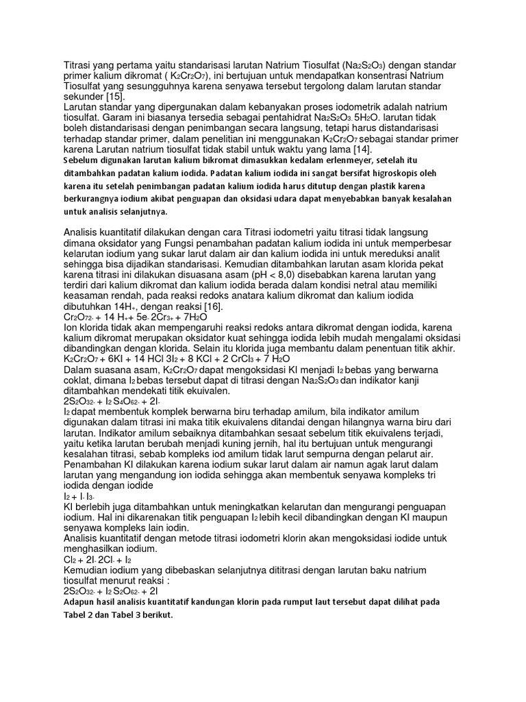 Pembahasan Standarisasi Larutan Natrium Tiosulfat | PDF