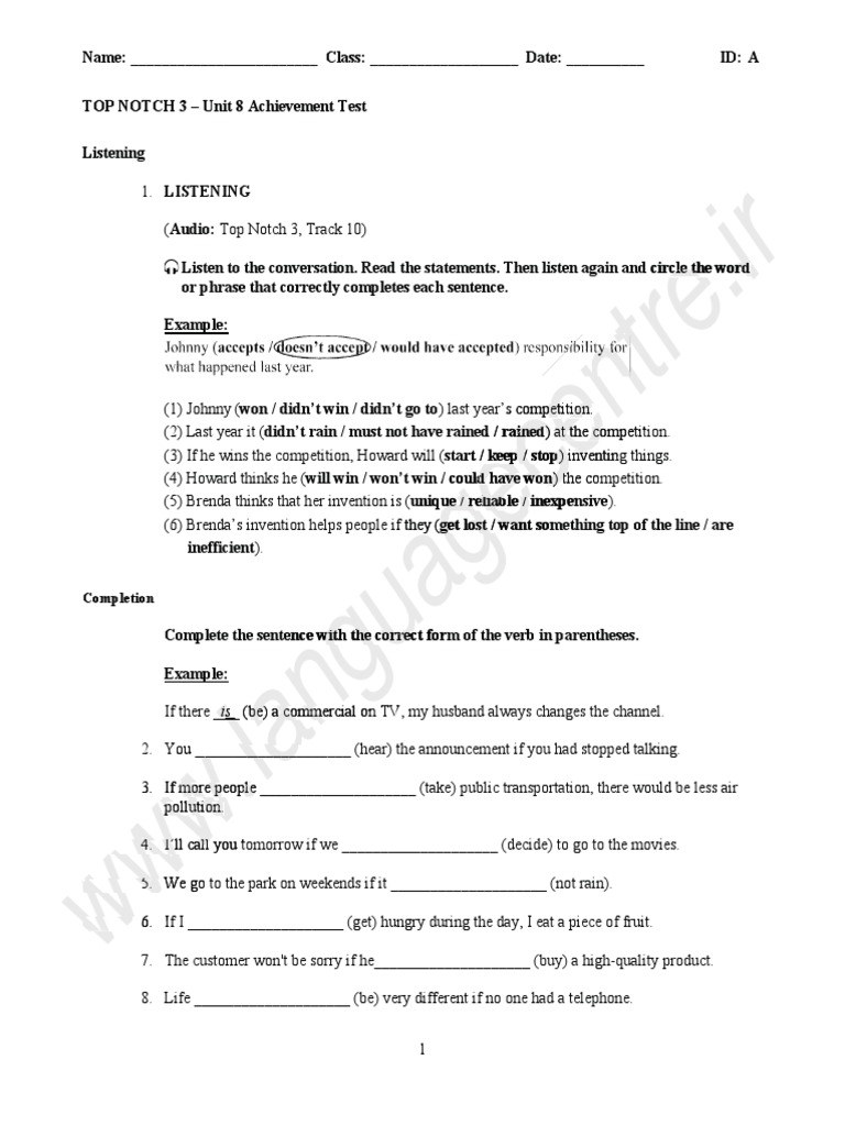 Top Notch 3b Unit 8 Test UNIDAD 8 | PDF