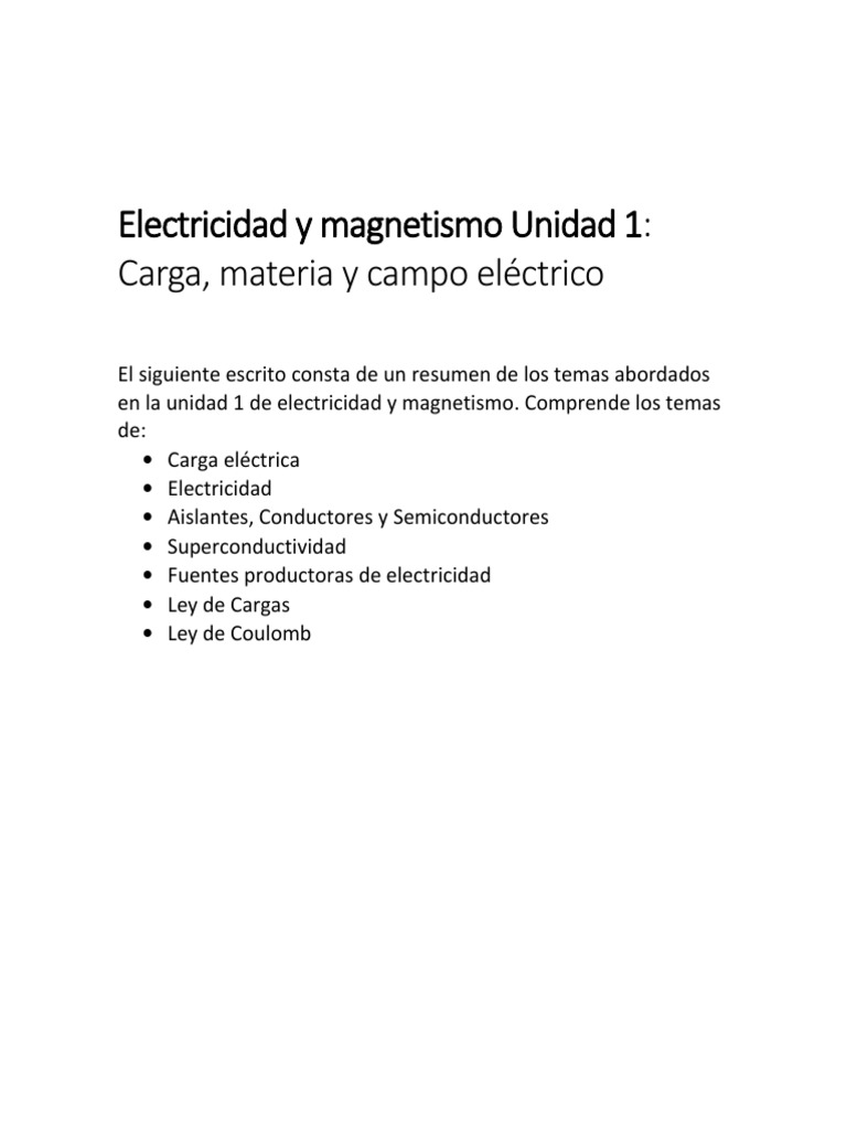 Resumen Electricidad y Magnetismo Unidad 1 PDF | PDF | Carga eléctrica | Electricidad
