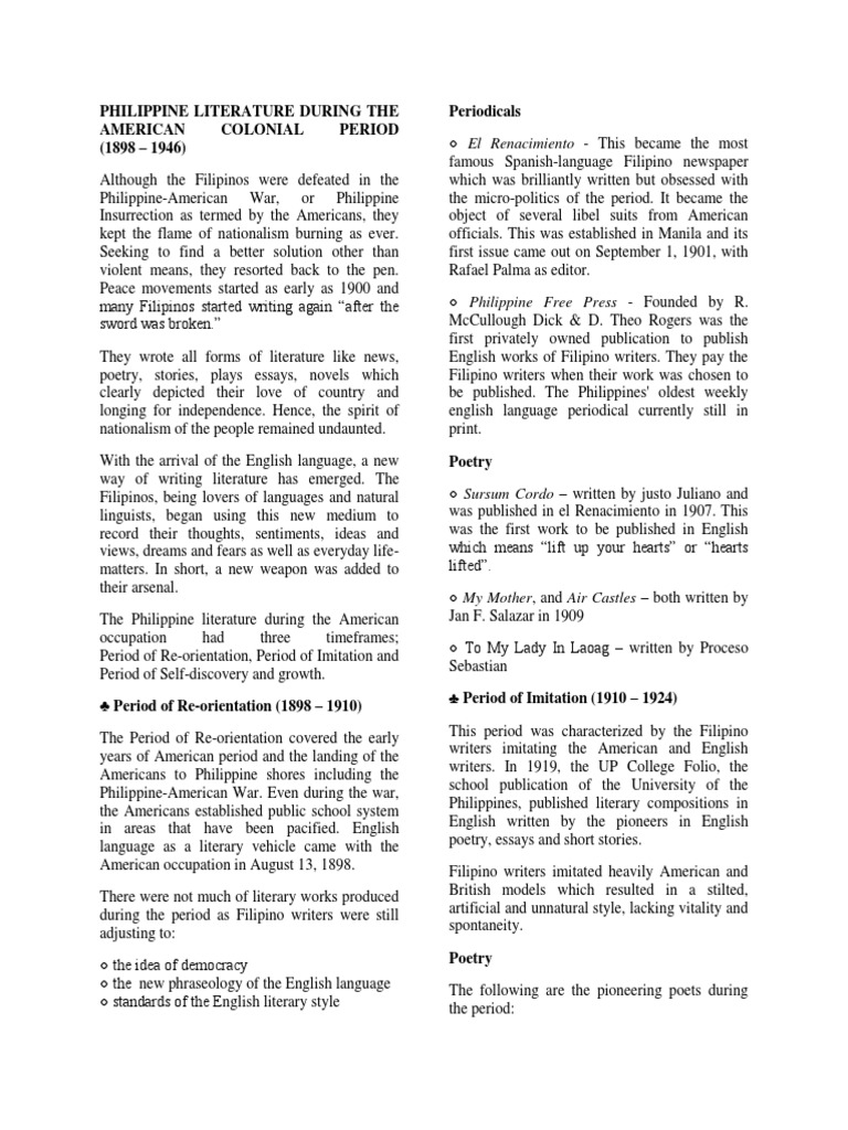 Philippine Literature During The American Colonial Period (1898 - 1946 ...
