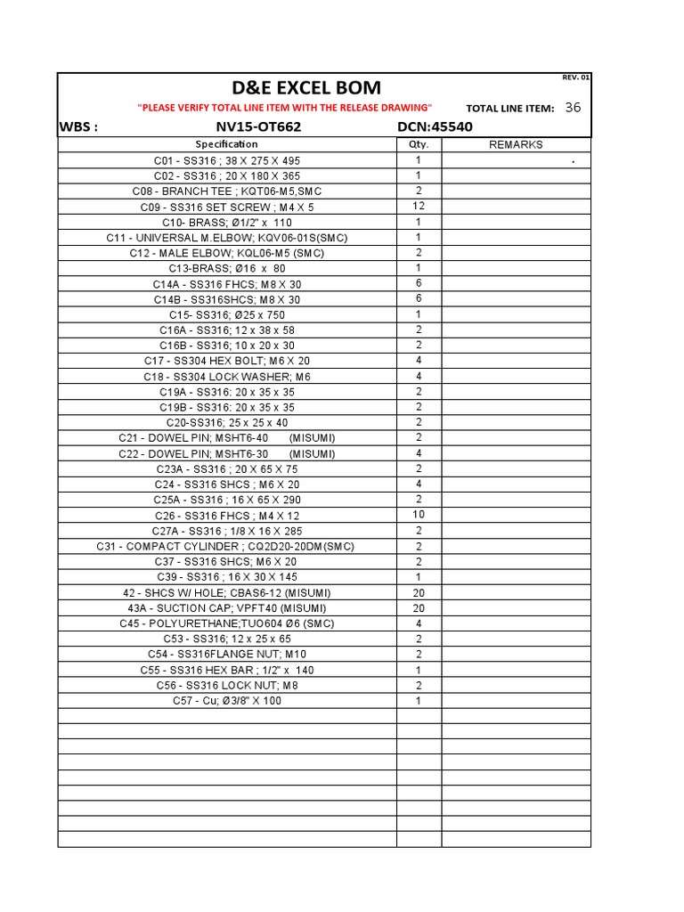 D&E EXCEL BOM VERIFICATION | PDF | Machines | Woodworking