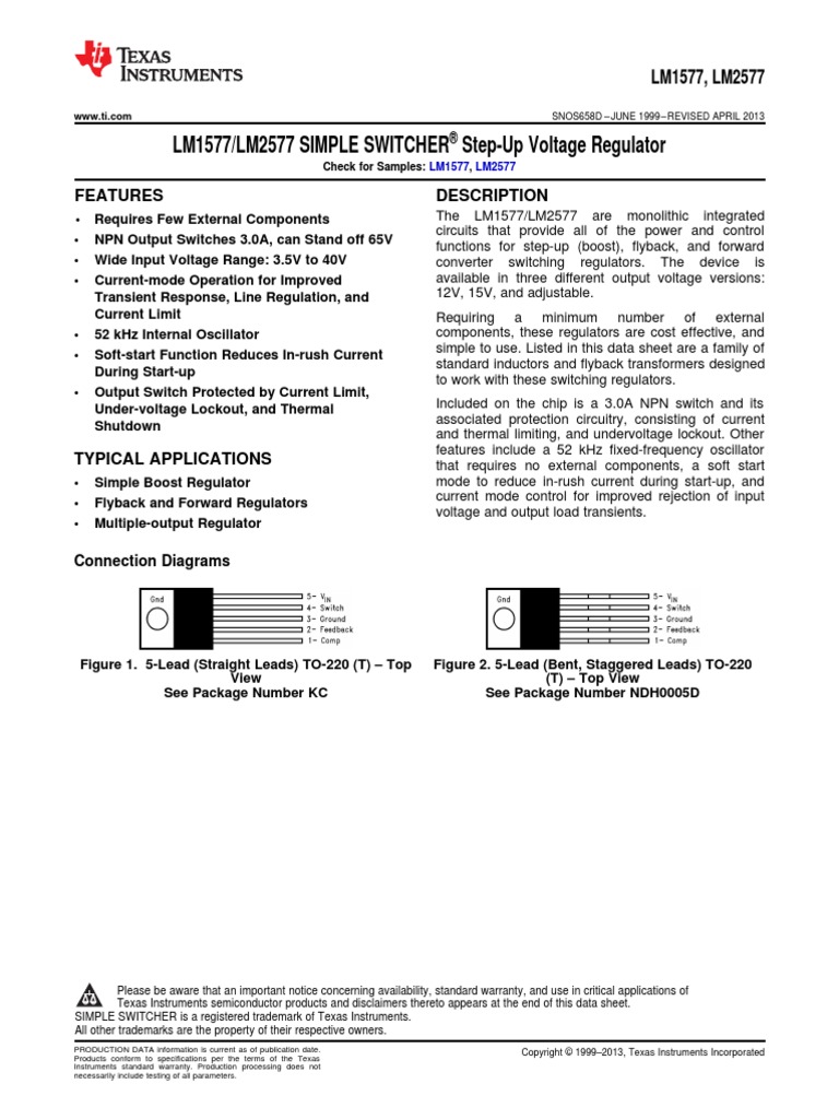 Lm1577/Lm2577 Simple Switcher Step-Up Voltage Regulator | PDF ...