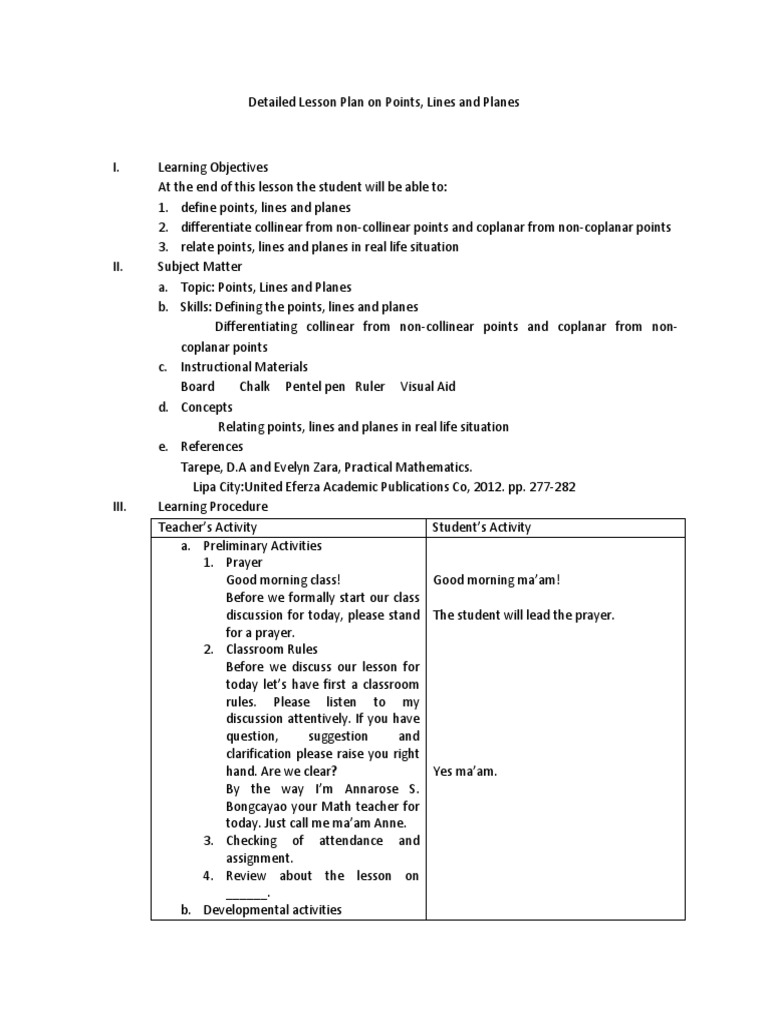 Detailed Lesson Plan On Points | PDF | Lesson Plan | Line (Geometry)
