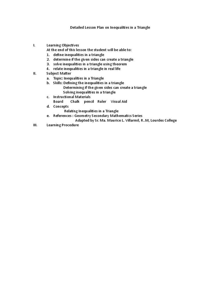 Detailed Lesson Plan On Inequalities in A Triangle | PDF | Plane ...