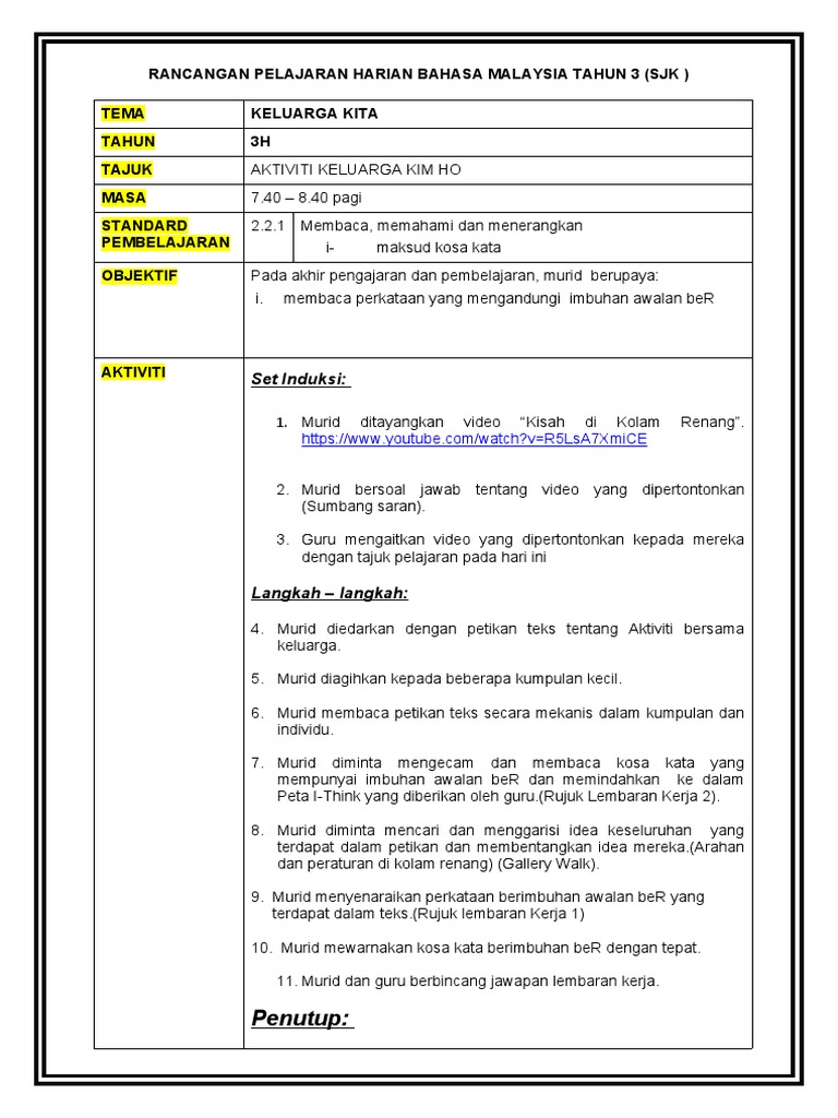 CONTOH RPH BM Tahun 3 KSSR Semakan | PDF | Seni & Disiplin Bahasa ...