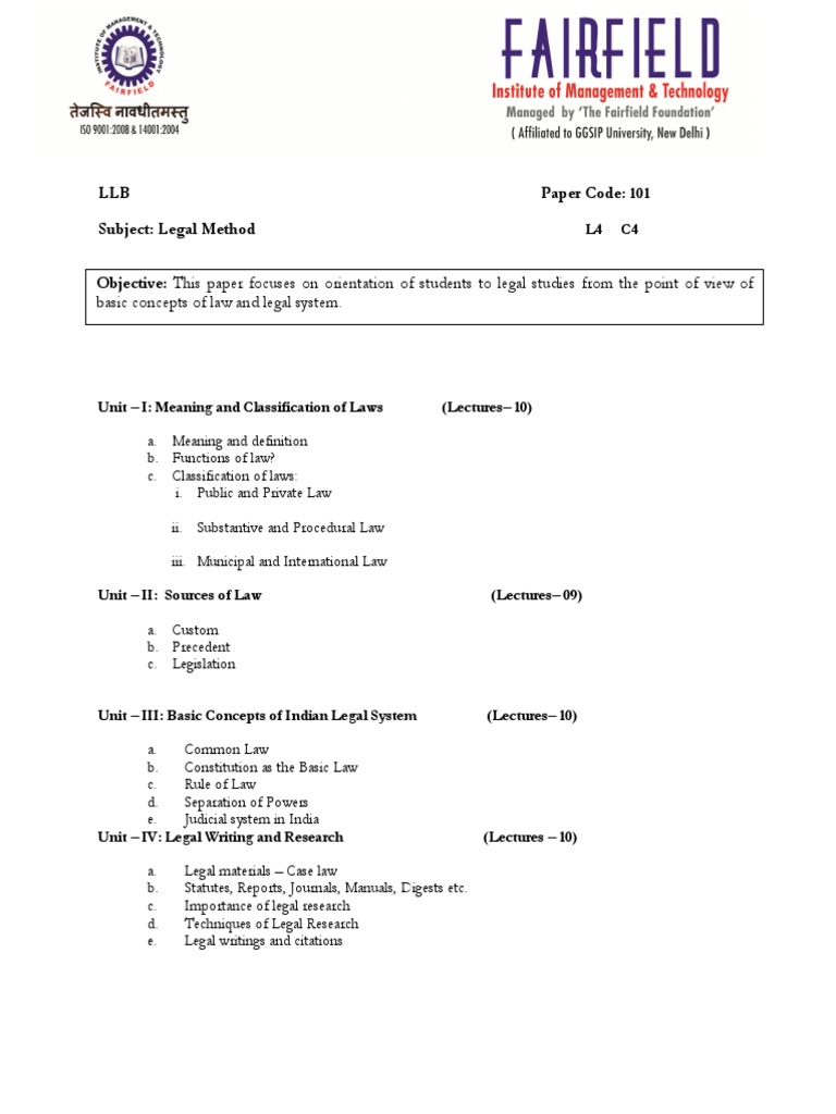 LLB Paper Code: 101 Subject: Legal Method | PDF | Precedent | Common Law