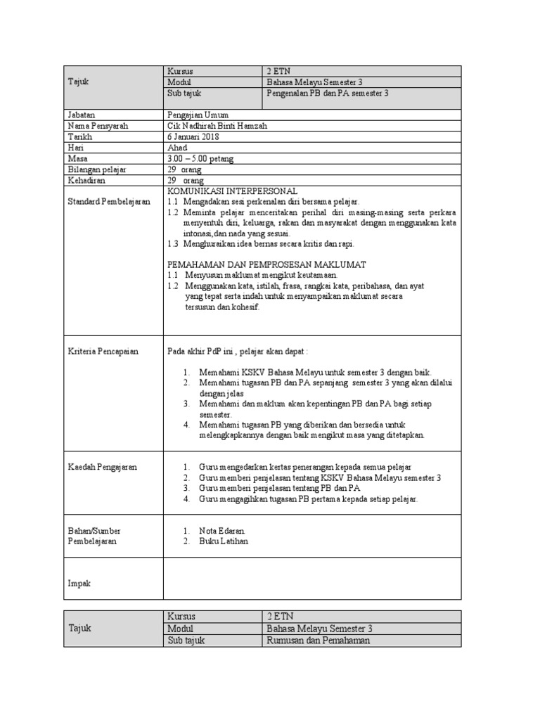 RPH Kolej Vokasional Bahasa Melayu | PDF