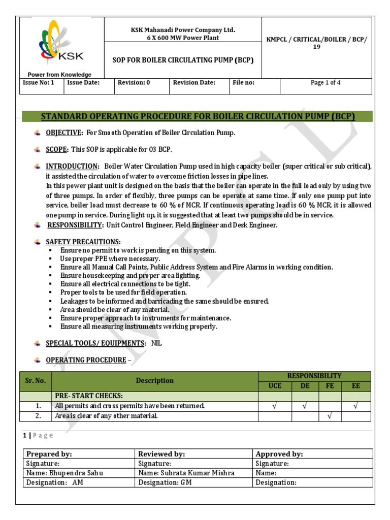 Standard Operating Procedure For Boiler Circulation Pump (BCP) | PDF ...
