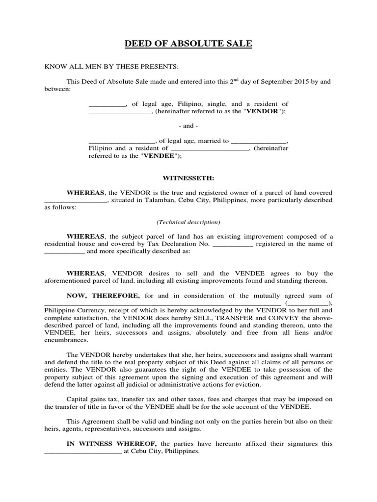 Deed of Absolute Sale - Blank | PDF | Deed | Notary Public