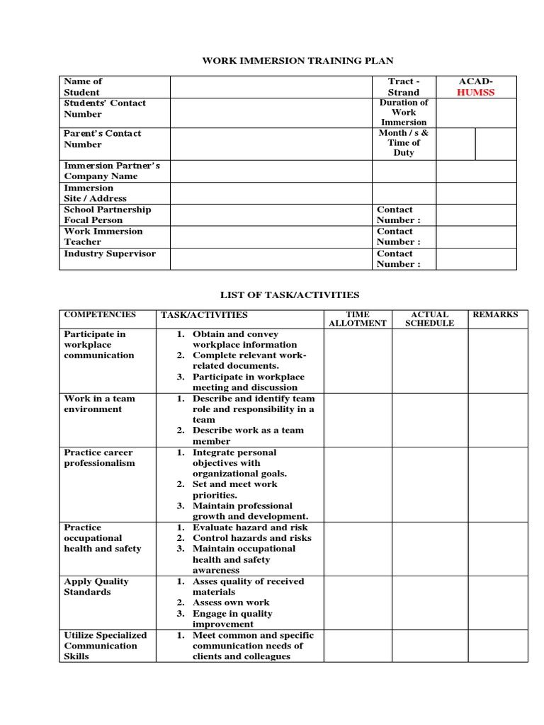 Work Immersion Training Plan Orlan | PDF | Occupational Safety And Health | Behavior Modification