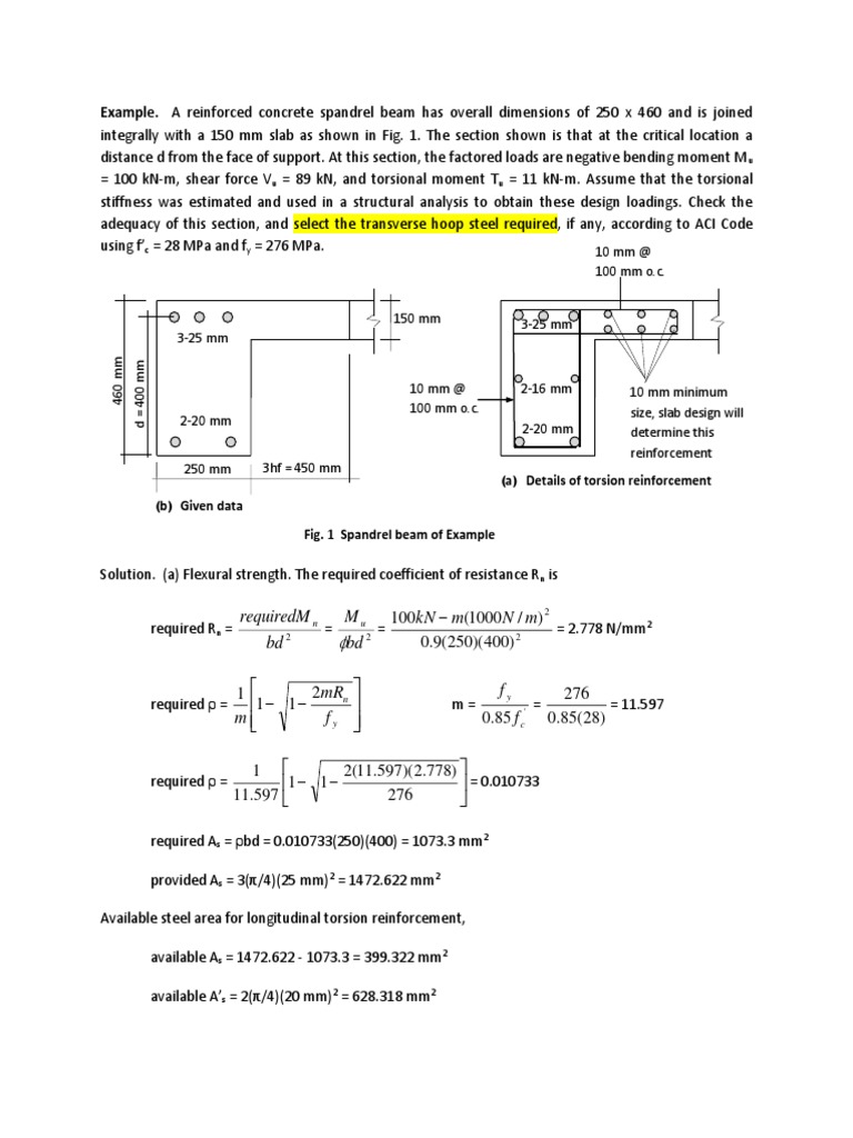 Example. A Reinforced Concrete Spandrel Beam Has Overall Dimensions of ...