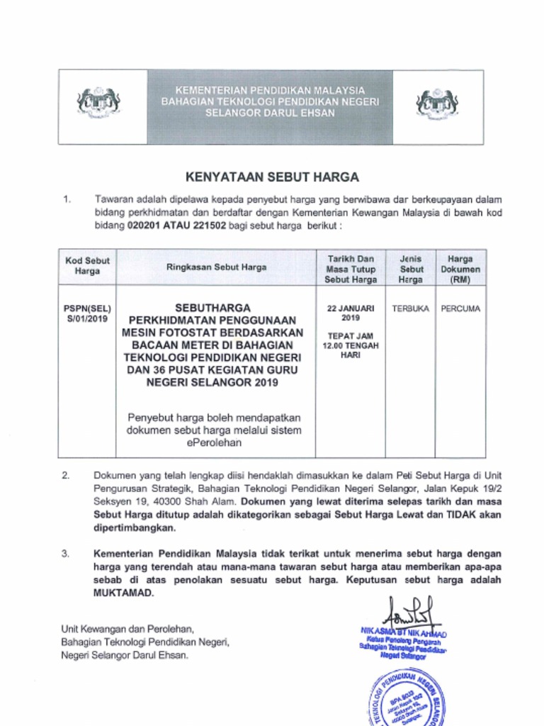 Sebut Harga Mesin Photostat BTPN Dan PKG Selangor | PDF