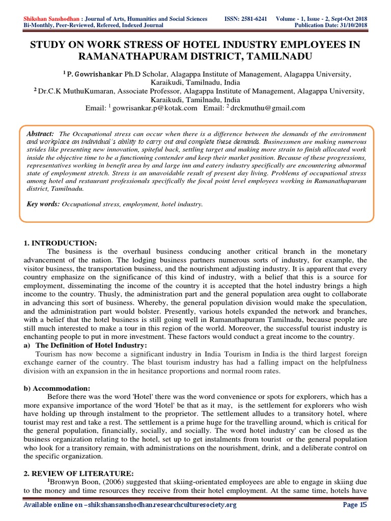 Hotel Employee Stress in Tamil Nadu | PDF | Occupational Stress ...