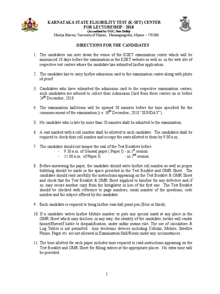 KSET 2018 Directions For The Candidates | PDF | Test (Assessment ...