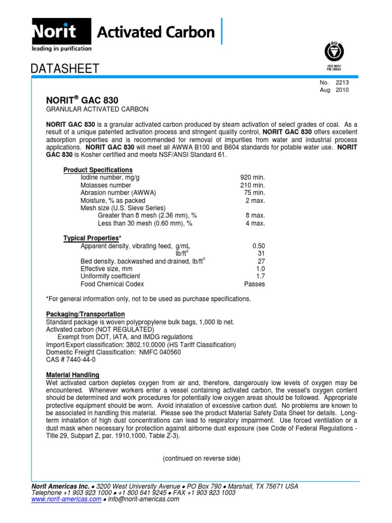 Norit GAC 830 PDF | PDF | Chemistry | Materials