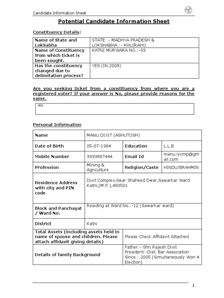 Candidate Information Sheet | PDF | Indian National Congress | Voting