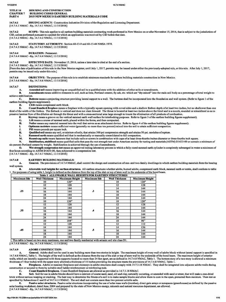 NMAC 14.7.4 New Mexico Earthen Building Materials Code | Plaster | Wall