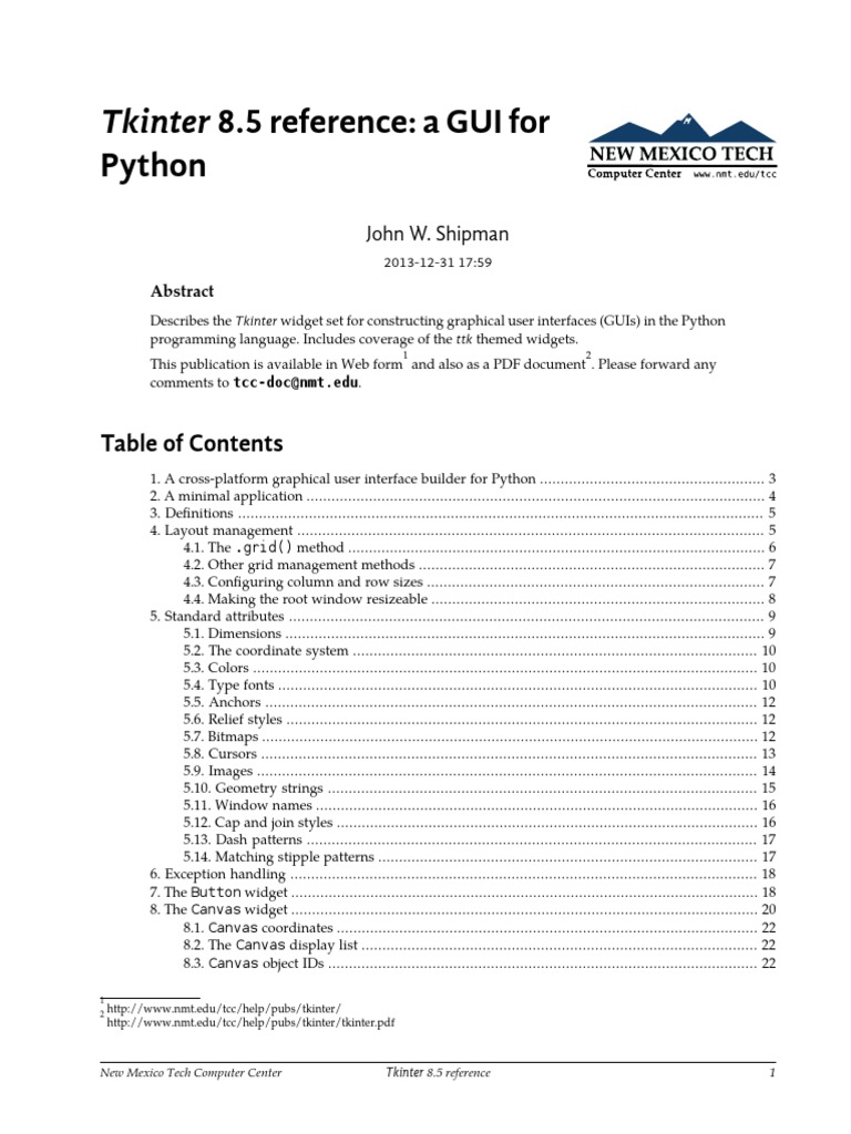 Python: Tkinter 8.5 Reference: A GUI For | PDF | Art | Computers