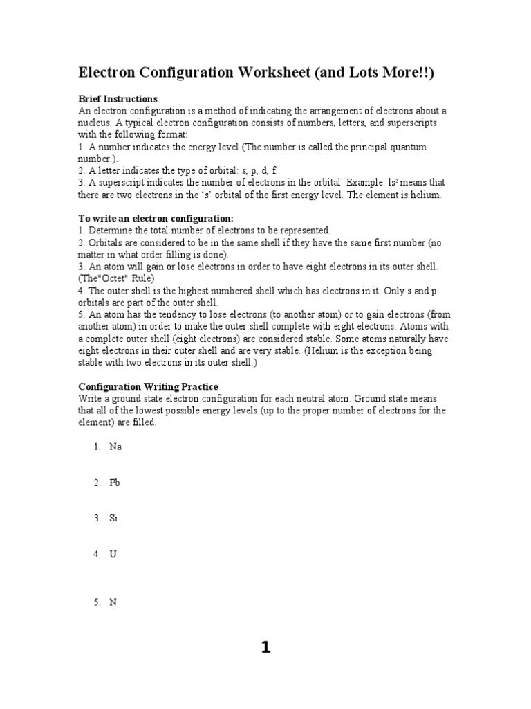 Electron Configuration Worksheet | PDF | Electron Configuration ...
