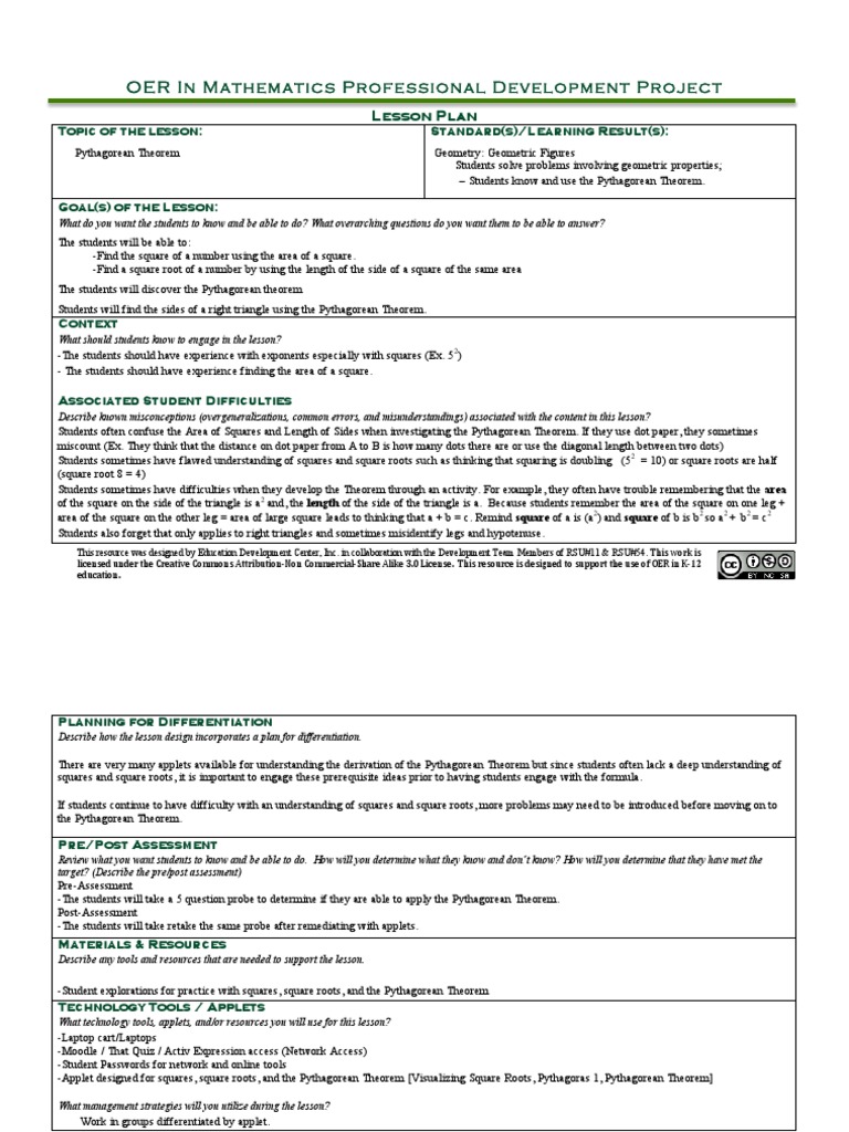 OER in Mathematics Professional Development Project: Lesson Plan | PDF ...