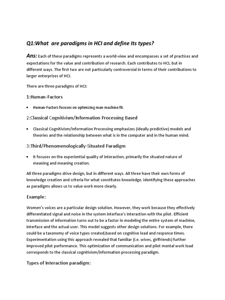 Q1:What Are Paradigms in HCI and Define Its Types? Ans:: 1:Human ...