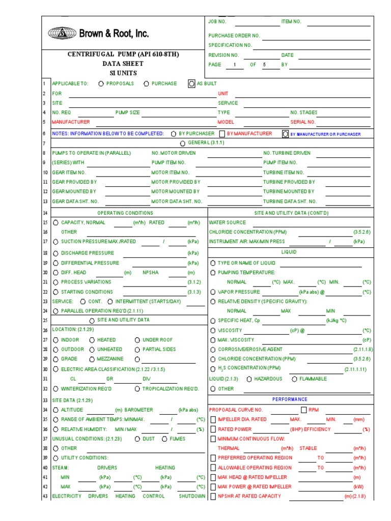 Brown & Root, Inc.: Centrifugal Pump (Api 610-8Th) Data Sheet Si Units ...