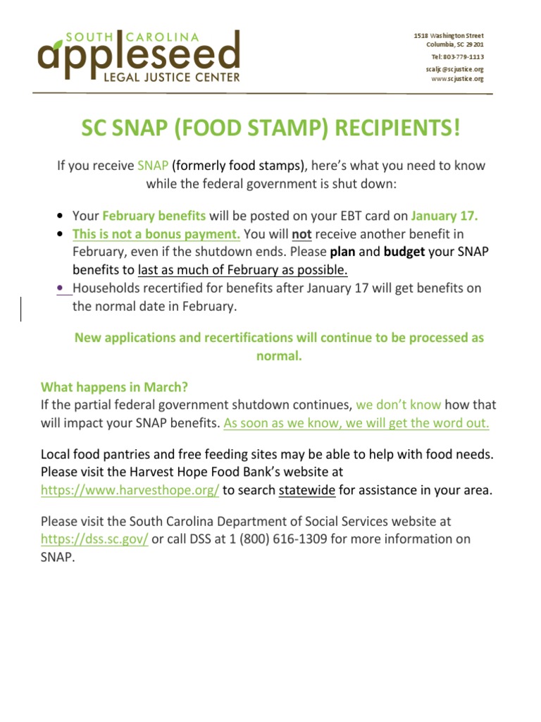 SC Snap (Food Stamp) Recipients!: February Benefits January 17. This Is ...