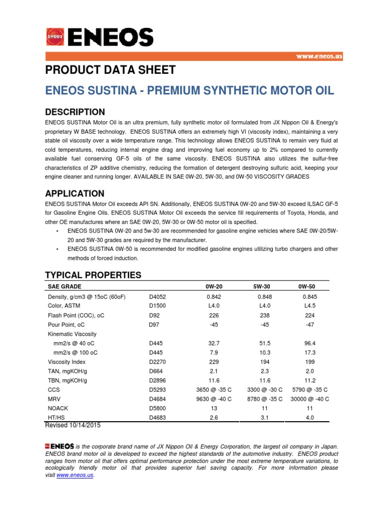 ENEOS SUSTINA Product Data Sheet 2016 PDF | PDF | Motor Oil | Vehicles