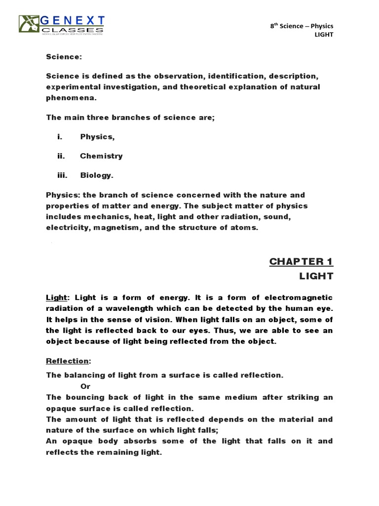 8 Science Physics Light Pdf Eye Reflection Physics