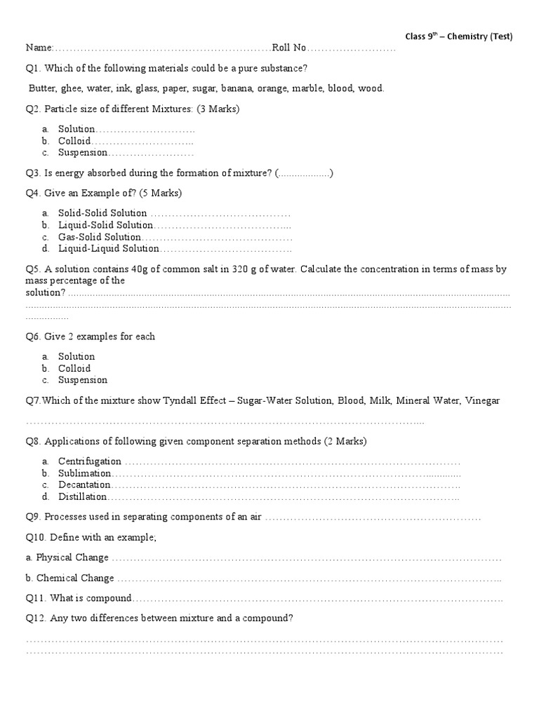 Class 9 - Chemistry (Test) | PDF | Solution | Colloid