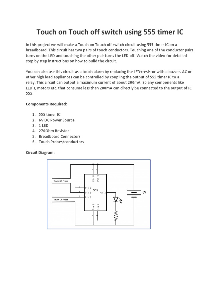 Touch On Touch Off Switch Using 555 Timer IC: Components Required | PDF ...