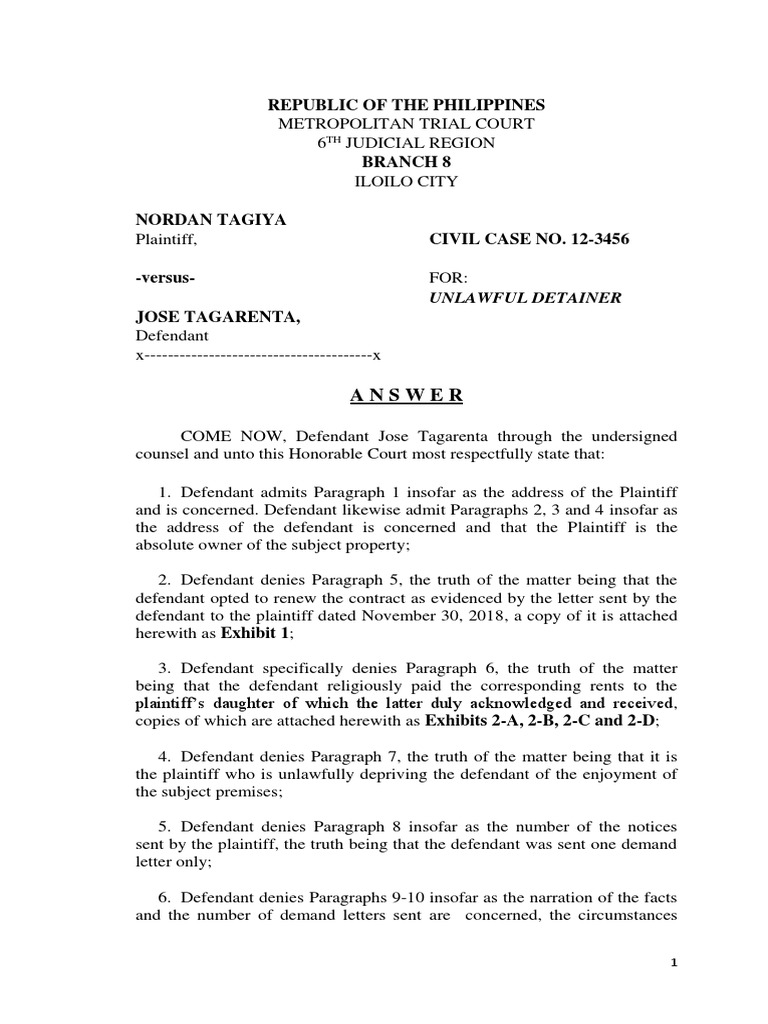 Answer Ejectment Case | PDF | Lawsuit | Lease