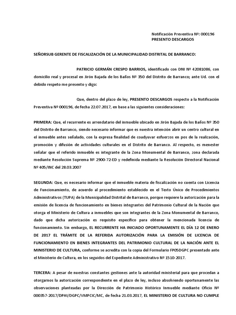 Modelo De Descargos Ante La Gerencia De FiscalizaciÓn De La