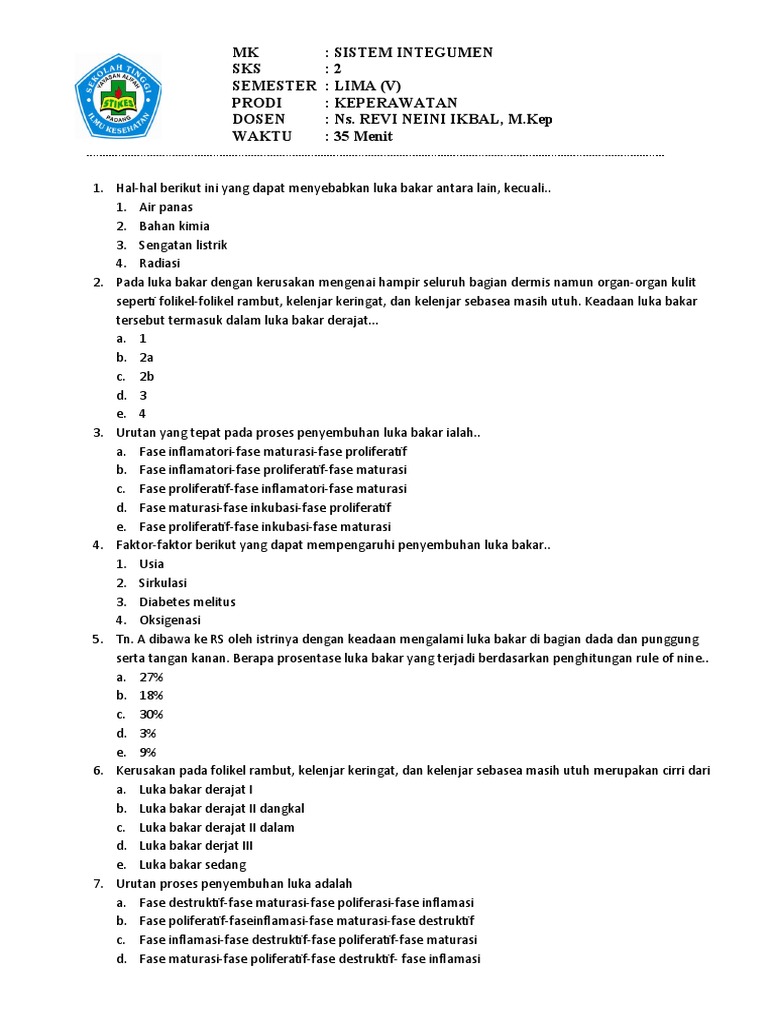 Soal Sistem Integumen SV 2018 2019 | PDF