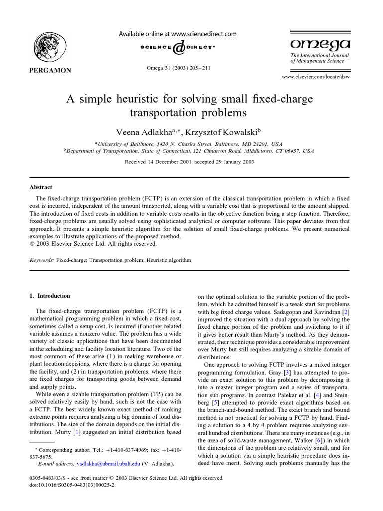 A Simple Heuristic For Solving Small Fixed Charge Transportation Problems 2003 Omega | PDF ...