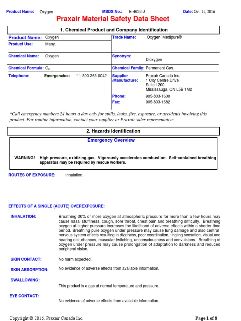 Oxygen Msds | PDF | Firefighting | Oxygen