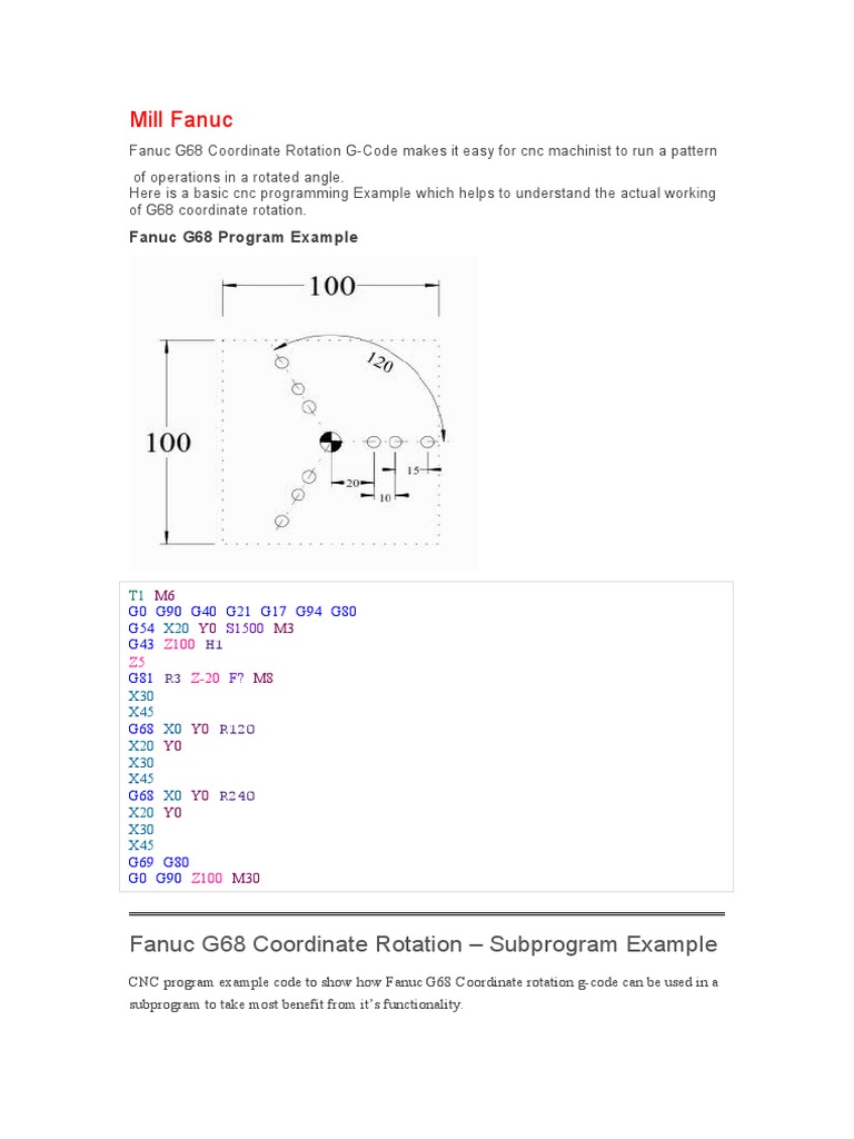 Mill Fanuc: Fanuc G68 Coordinate Rotation - Subprogram Example | PDF ...