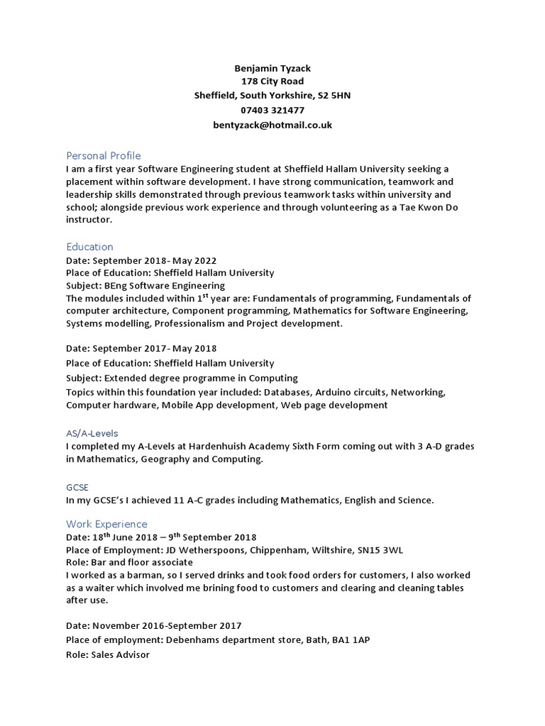 Benjamin Tyzack CV Task PDF | PDF | Video Games | Computing