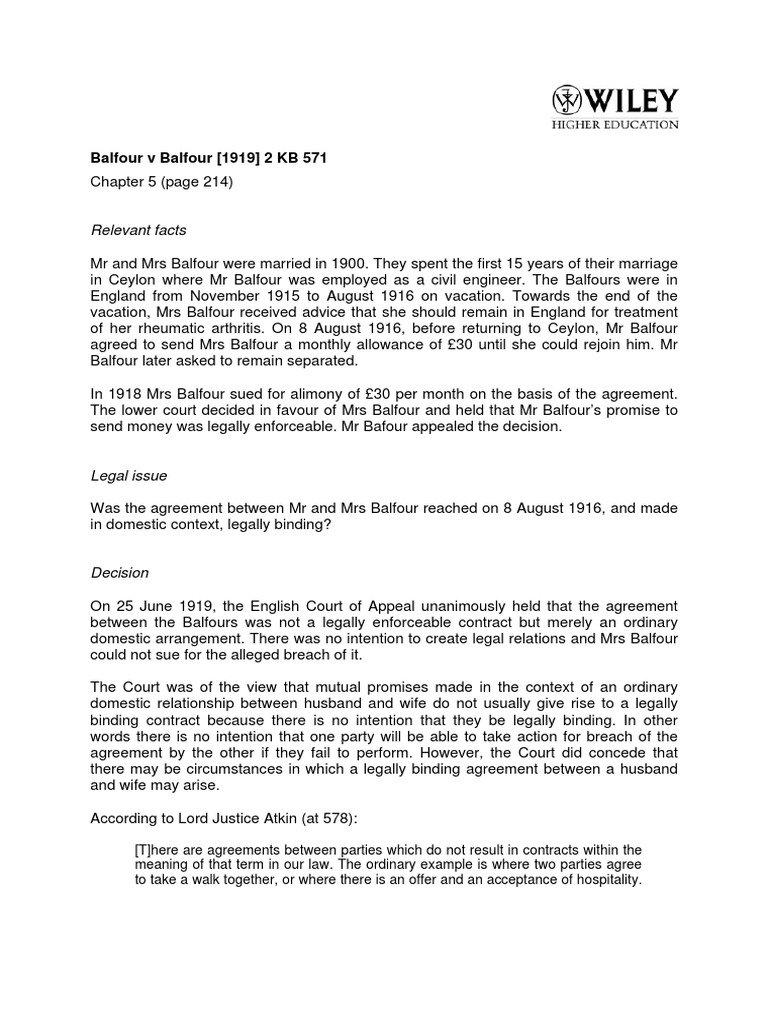 Balfour Vs Balfour | PDF | Consideration | Social Institutions