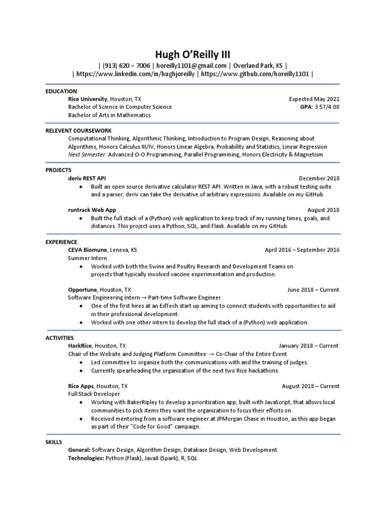 Hugh O'Reilly III: Next Semester: Advanced O-O Programming, Parallel ...