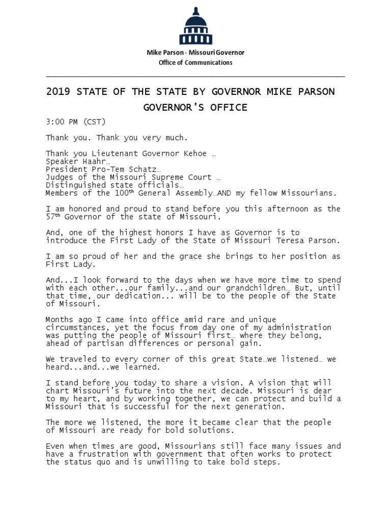 Missouri Governor Parson's 2019 Vision | PDF | Workforce Development ...