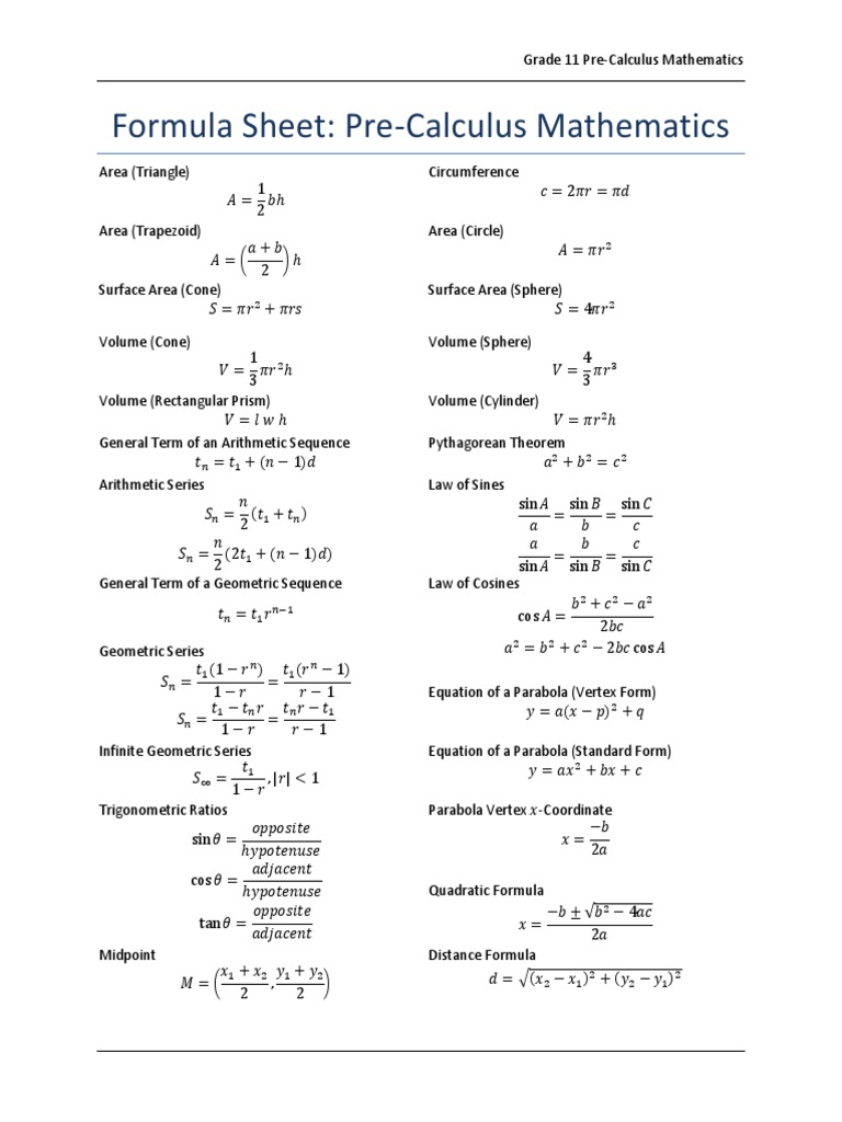 Grade 11 Pre-Calculus Formula Sheet | PDF | Science | Teaching Mathematics