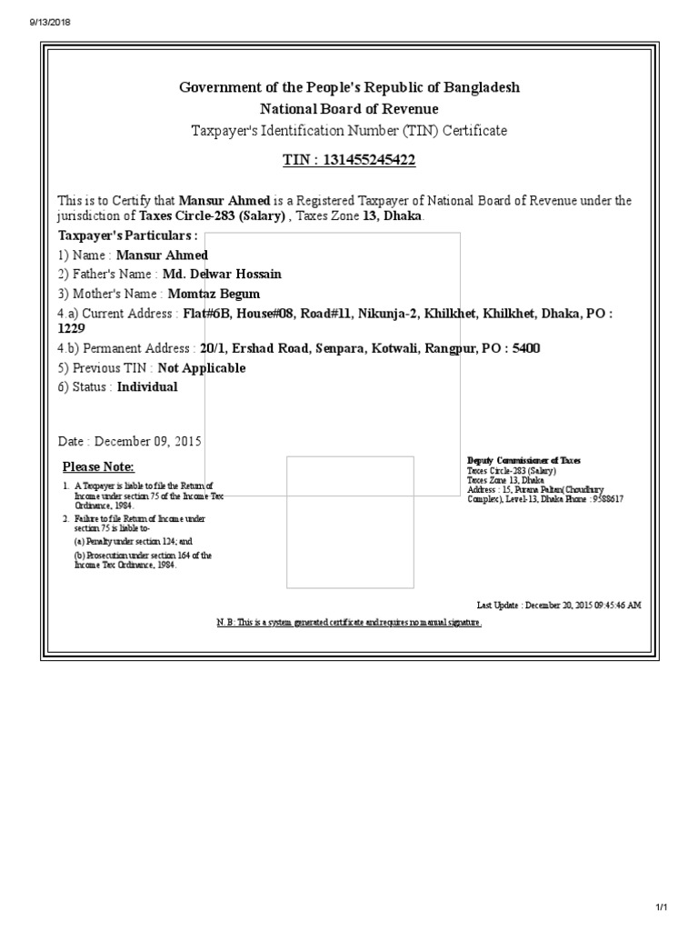 Taxpayer's Identification Number (TIN) Certificate | PDF