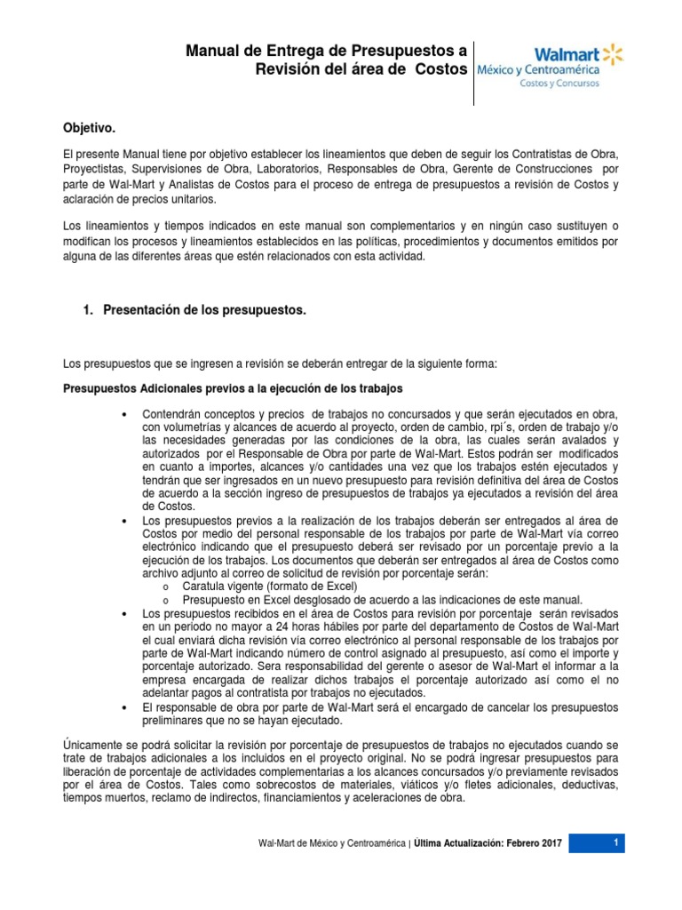 Manual para la presentación y revisión de presupuestos adicionales en obra | PDF | Walmart ...