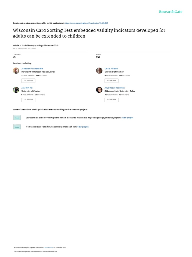 Wisconsin Card Sorting Test Embedded Validity Indicators Developed For ...