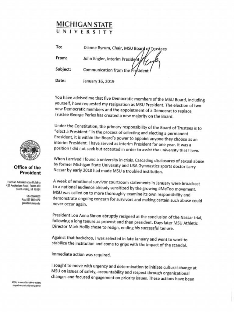 John Engler Letter of Resignation | PDF | Michigan