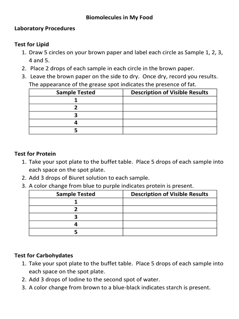Biomolecules in My Food Laboratory Procedures Test For Lipid | PDF ...