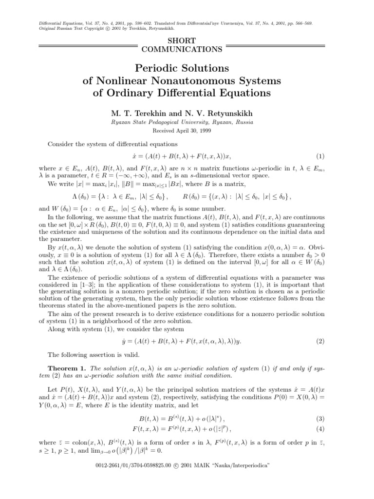 Periodic Solutions of Nonlinear Nonautonomous Systems of Ordinary ...